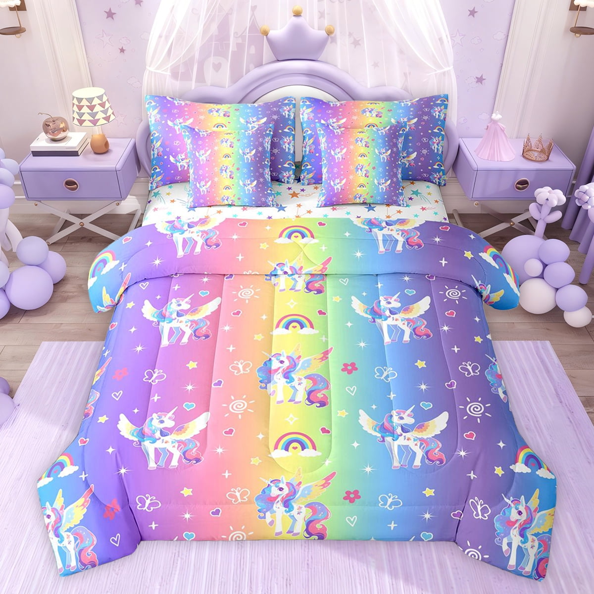 jejeloiu Kawaii Cartoon Unicorn 7-Piece Bedding Comforter Set,Abstract ...