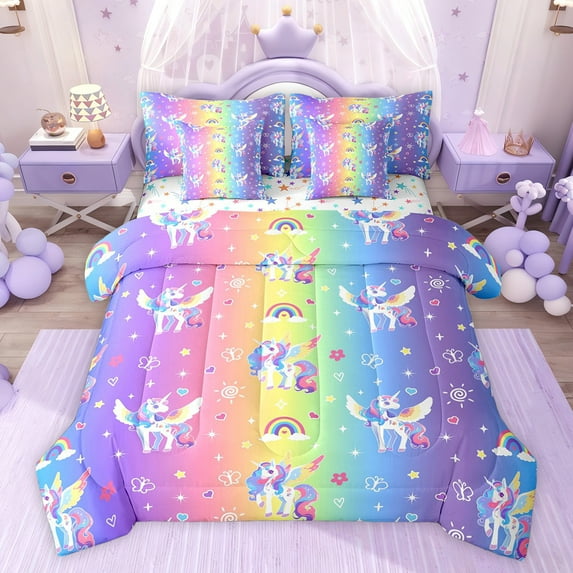 jejeloiu Kawaii Cartoon Unicorn 7-Piece Bedding Comforter Set,Abstract ...