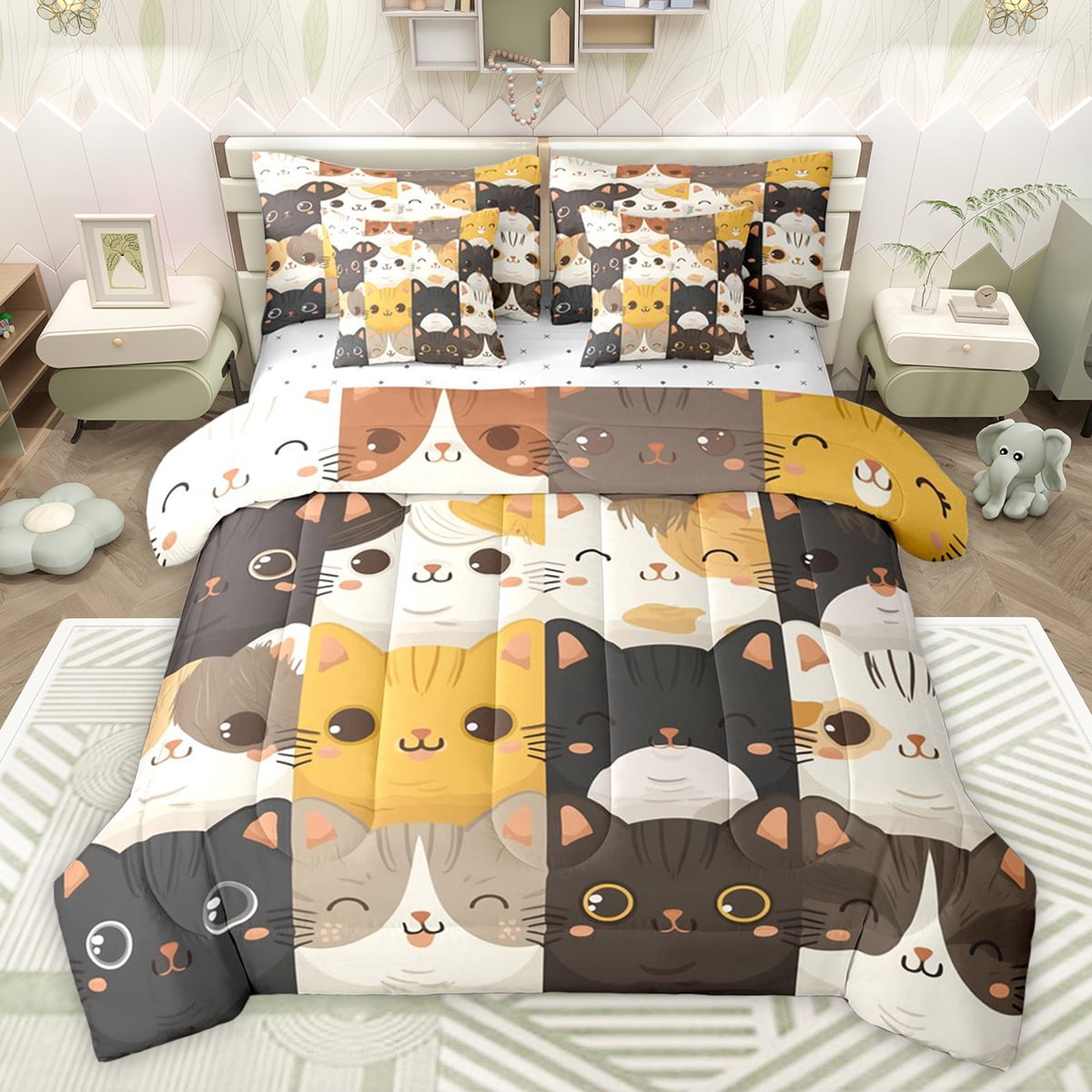 jejeloiu Kawaii Cat 7-Piece Bedding Comforter Set,Cute Kitten King ...