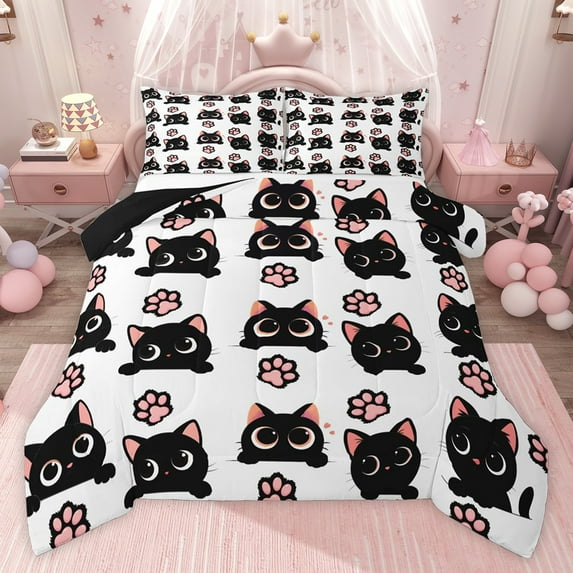 jejeloiu Kawaii Cat Animals Twin Comforter Sets,Pink Kitten Paws Print ...