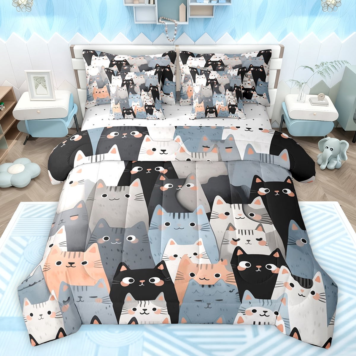 jejeloiu Kawaii Cat Kitten 7-Piece Bedding Comforter Set,Cute Cartoon ...
