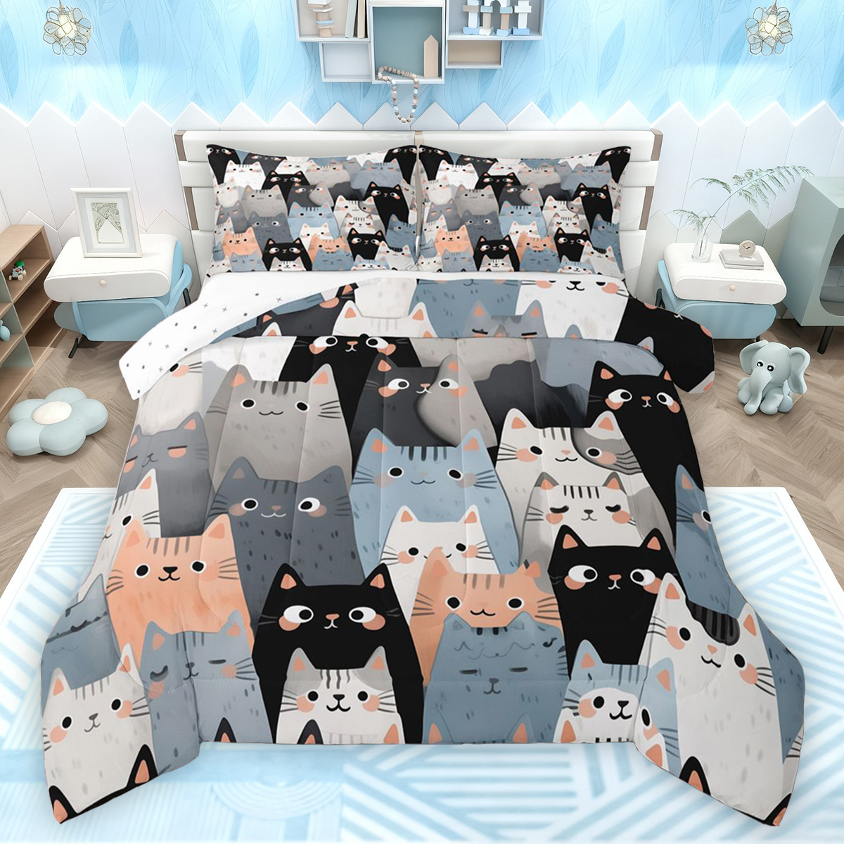 jejeloiu Kawaii Cat Kitten Full Size Comforter Sets,Cute Cartoon Animal ...