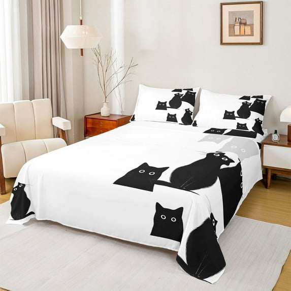 jejeloiu Kawaii Cat Kitten Queen Sheet Sets,Cute Cartoon Animal Flat ...