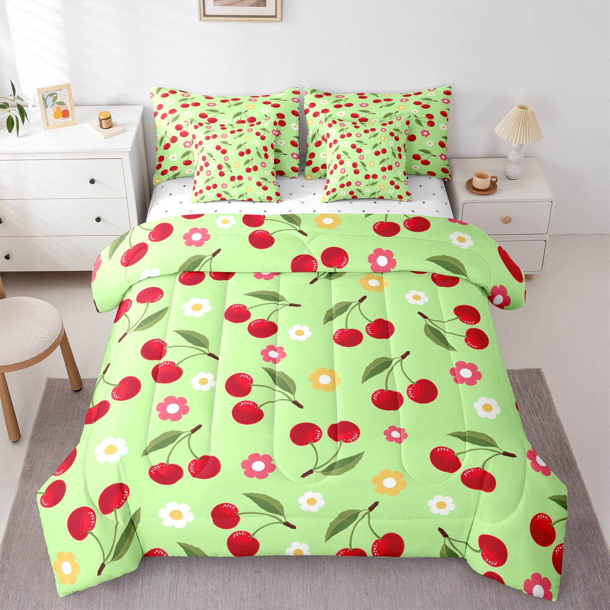 jejeloiu Kawaii Cherry 7-Piece Twin Bedding Sets,Cute Daisy Flower ...