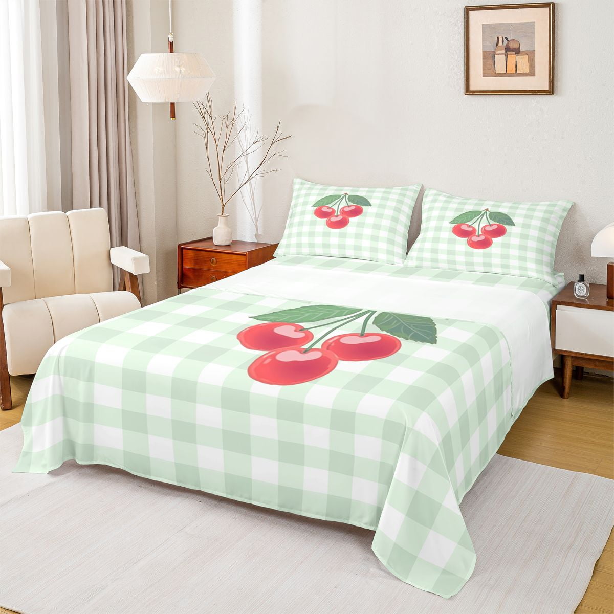 jejeloiu Kawaii Cherry Queen Sheet Sets,Modern Geometric Plaid Flat ...