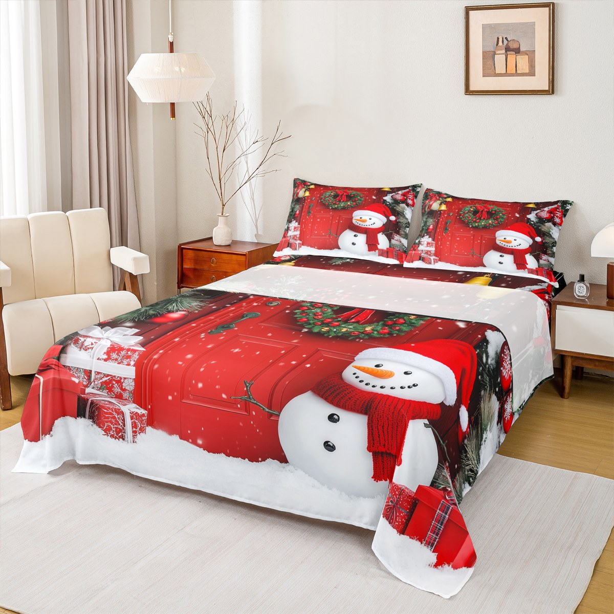 jejeloiu Kawaii Christmas Snowmen Queen Sheet Sets,Chic Xmas Gifts Flat ...