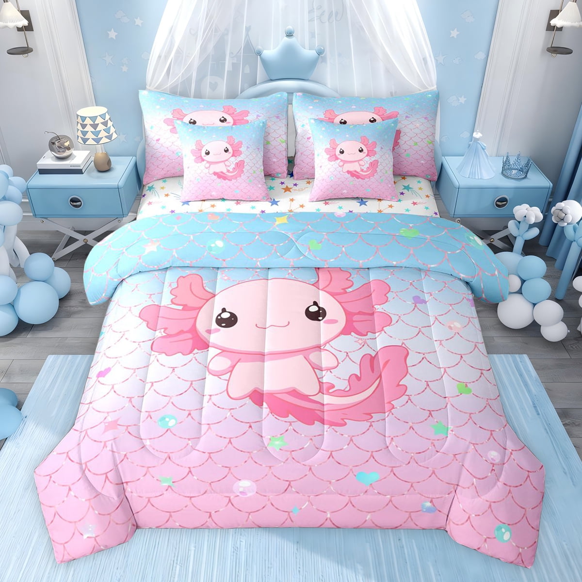 jejeloiu Kawaii Cute Axolotl 7-Piece Bedding Comforter Set,Pink Mermaid ...