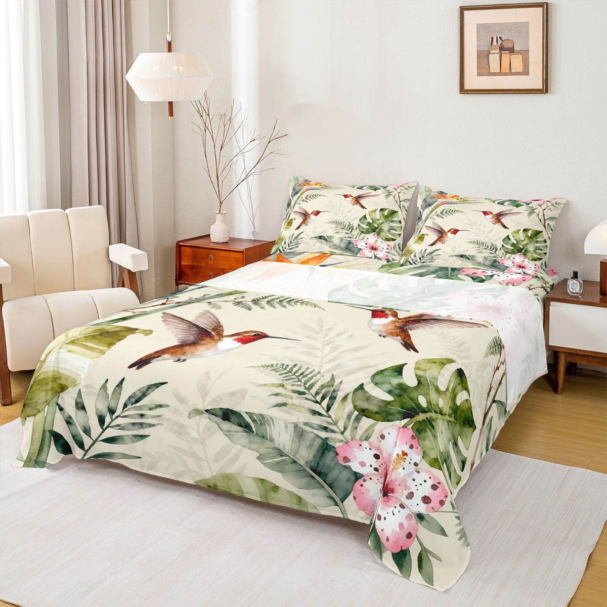 jejeloiu Kawaii Cute Hummingbird Queen Sheet Sets,Tropical Monstera ...