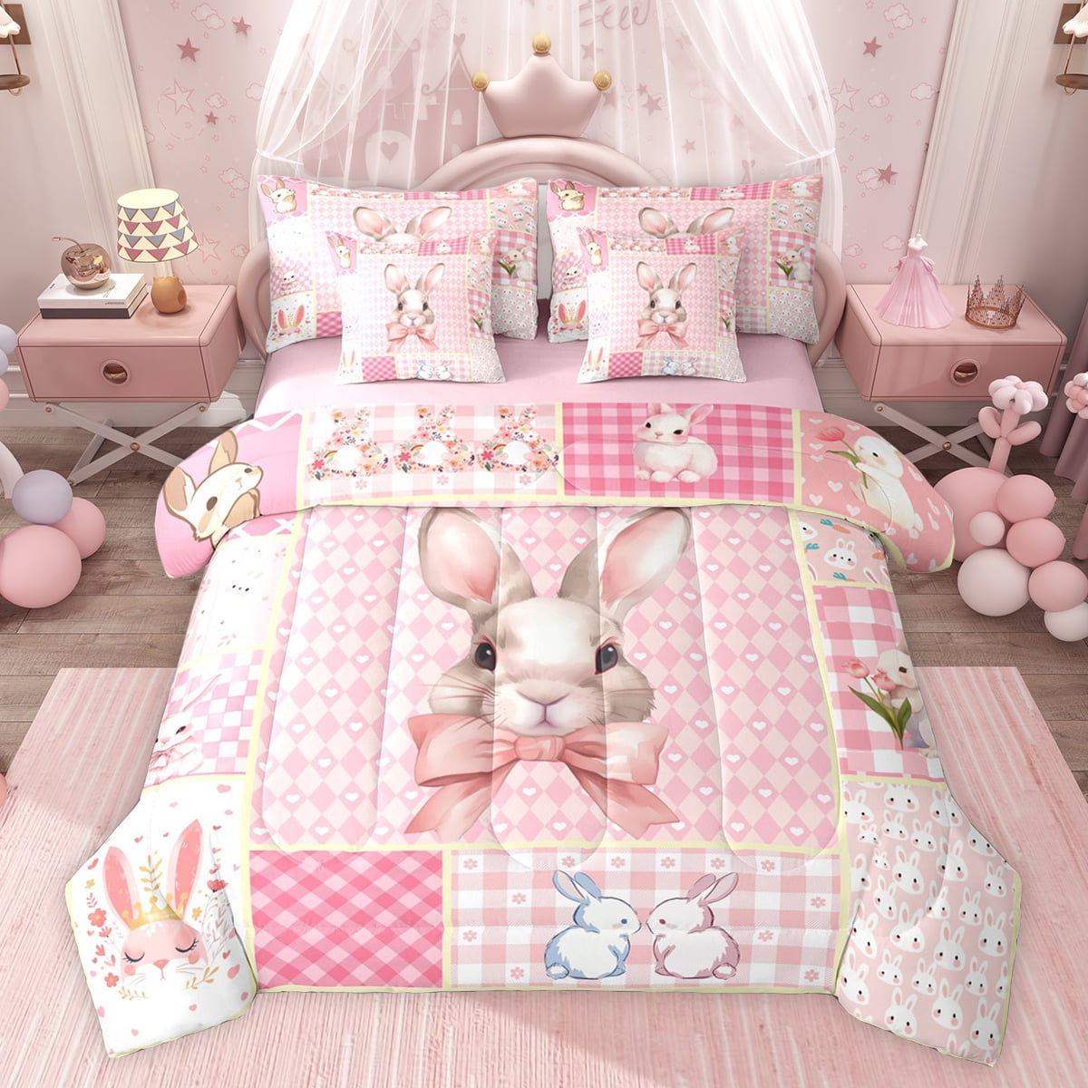 jejeloiu Kawaii Cute Rabbit 7-Piece Twin Bedding Sets,Cartoon Bow Knot ...