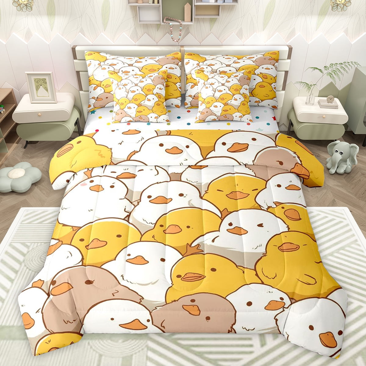 jejeloiu Kawaii Duck 7-Piece Twin Bedding Sets,Puppy Yellow Duck ...