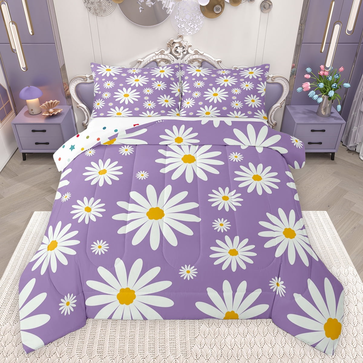 jejeloiu Kawaii Floral Daisy Bedding Comforter Set,Cartoon Flowers ...