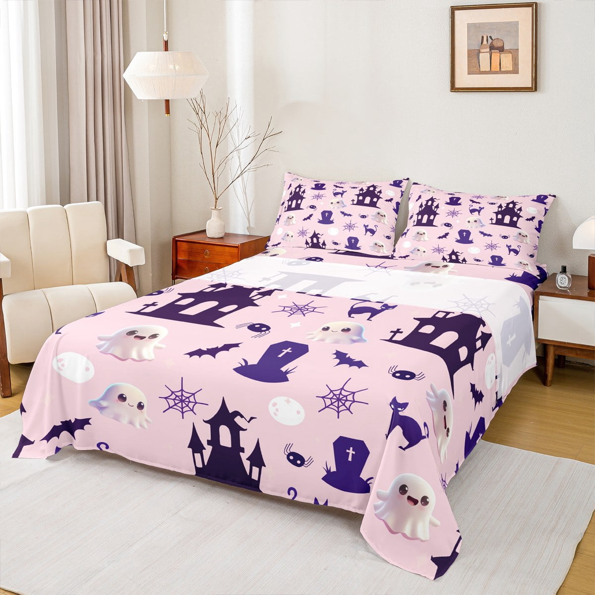 jejeloiu Kawaii Ghost Full Size Sheets,Spooky Castle Bats Bed Sheets ...