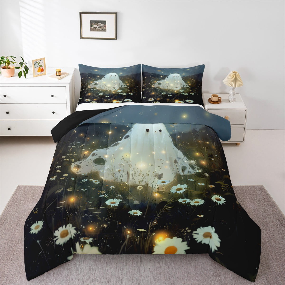 jejeloiu Kawaii Halloween Ghost Bedding Comforter Set,Rustic Flower ...