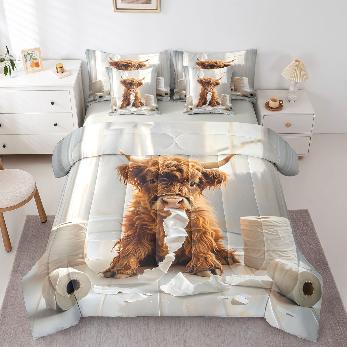 jejeloiu Kawaii Highland Cow Bedding Comforter Set 7 Pieces,Western ...