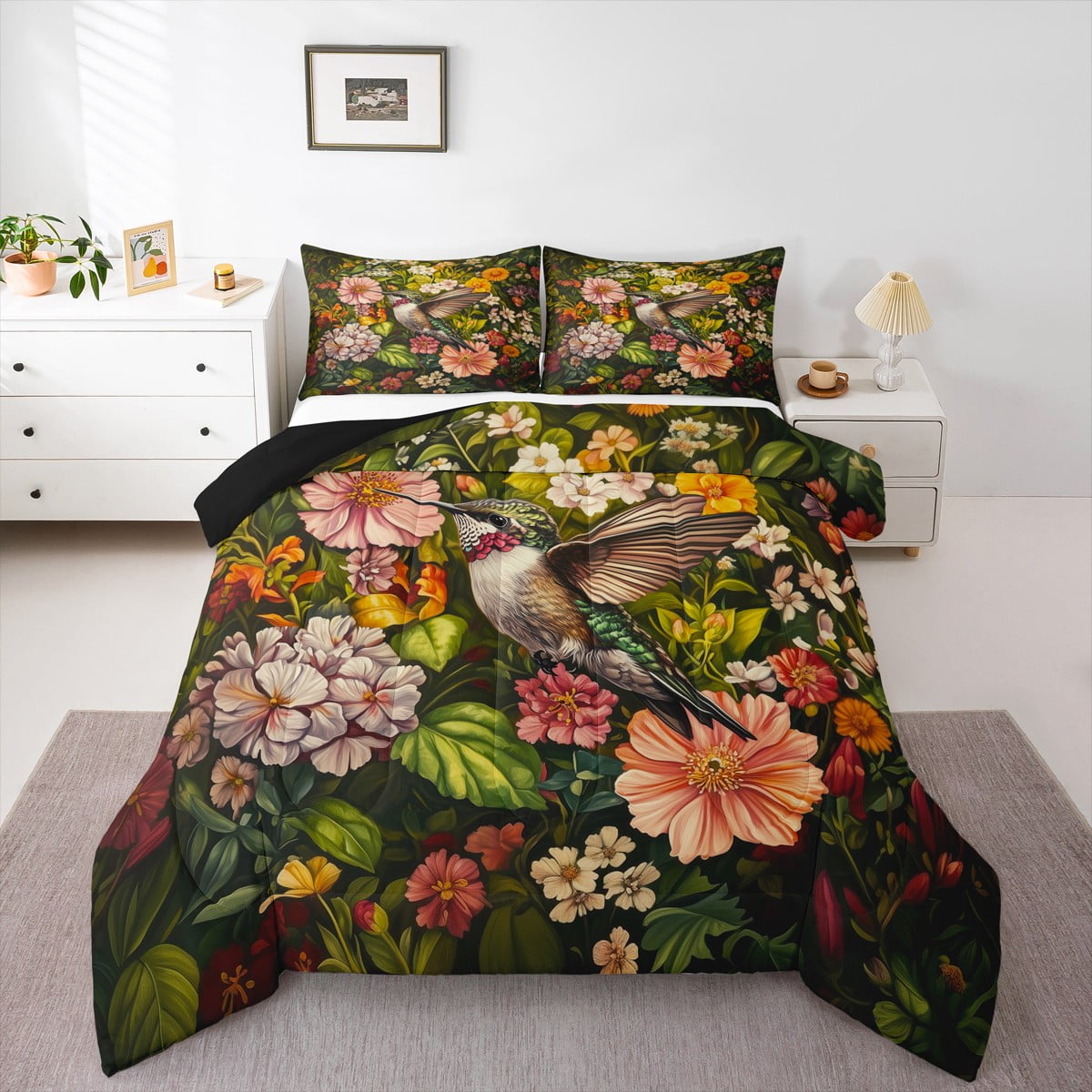 jejeloiu Kawaii Hummingbird Queen Comforter Set,Country Flower Floral ...