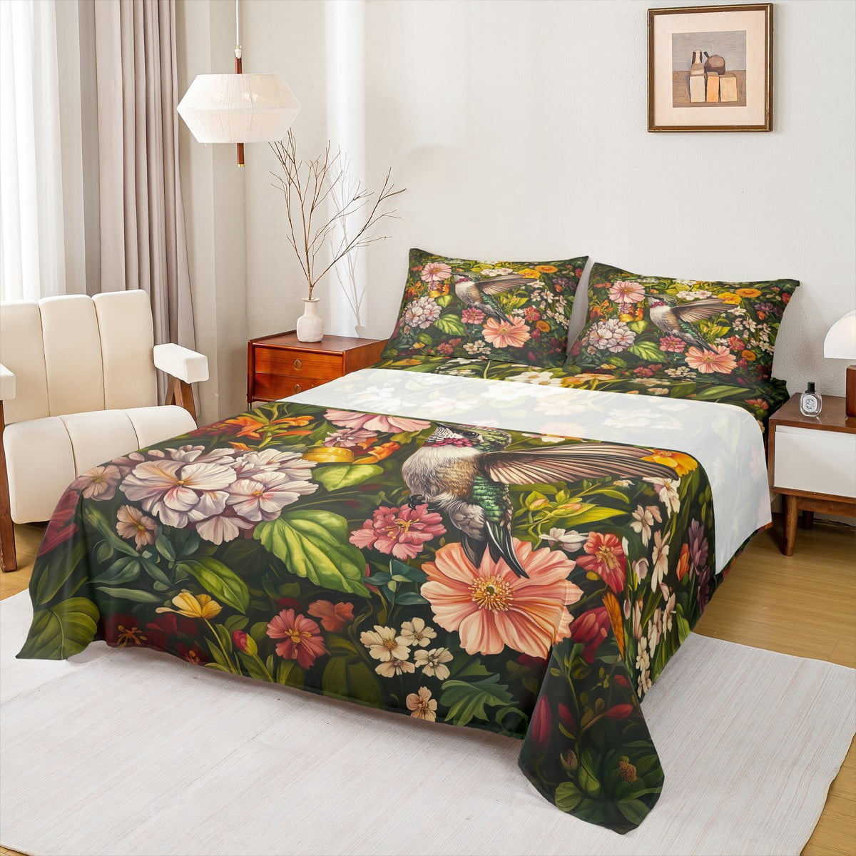 jejeloiu Kawaii Hummingbird Twin Sheet Sets,Country Flower Floral Twin ...