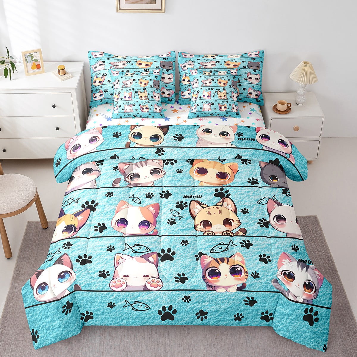 jejeloiu Kawaii Kitten Bedding Comforter Set,7-Piece,Dog Paw Prints ...