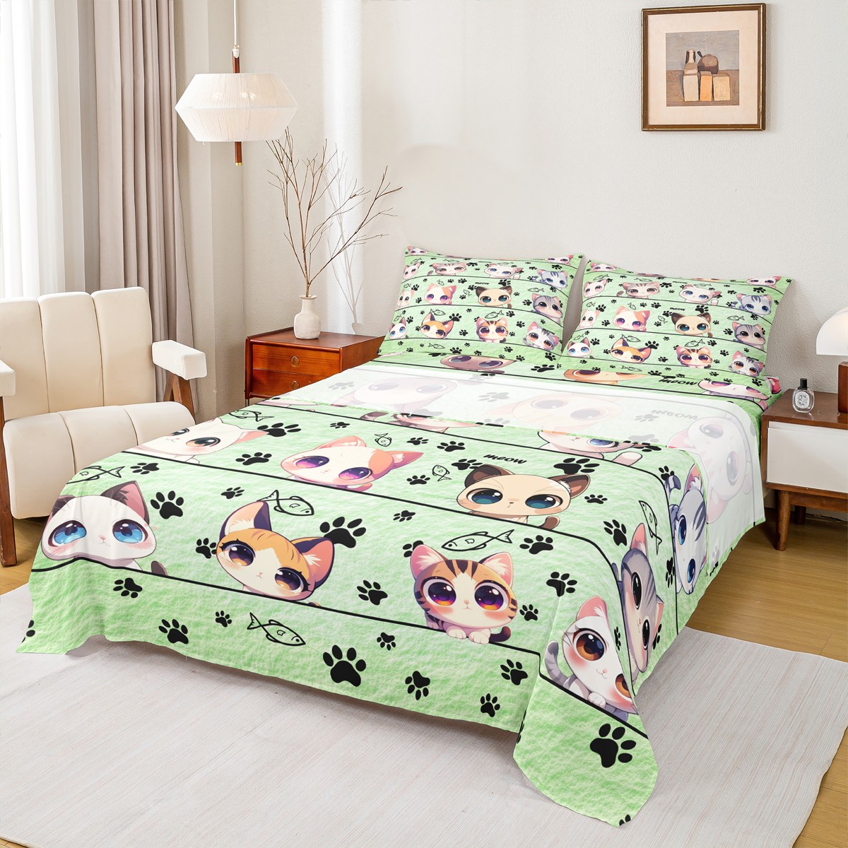 jejeloiu Kawaii Kitten Twin Sheet Sets,Dog Paw Prints Twin Fitted Sheet ...