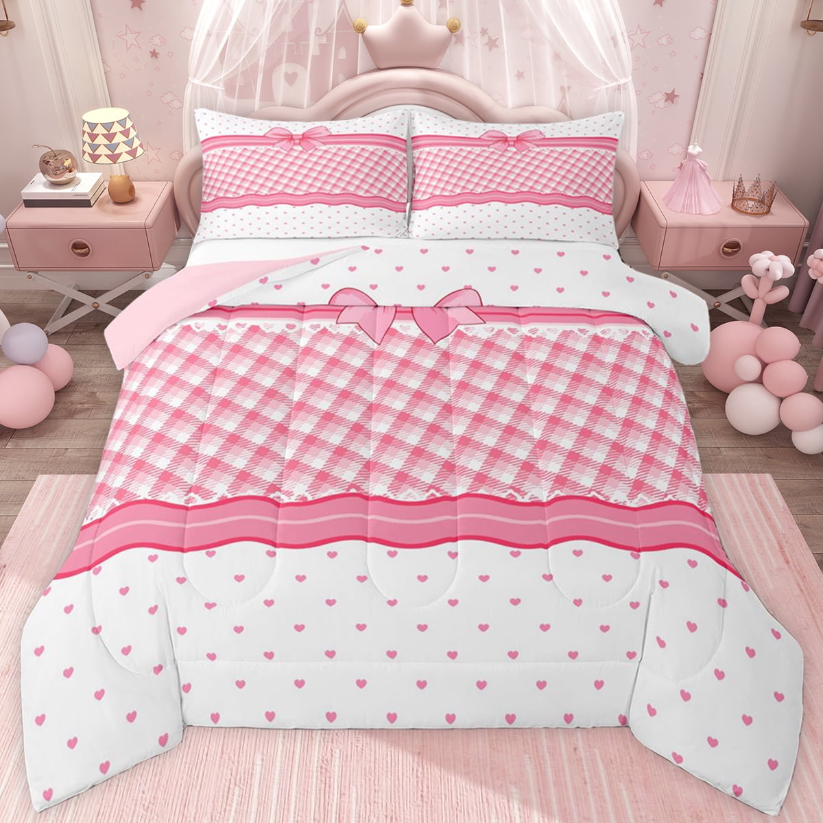 jejeloiu Kawaii Loves Pattern Queen Comforter Set,Pink Cute Bowtie ...