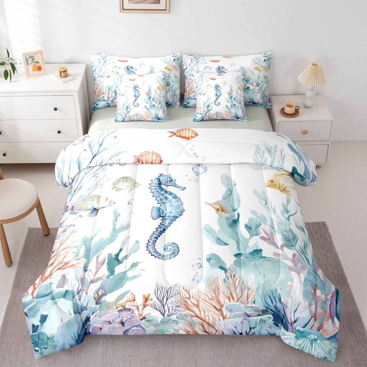 jejeloiu Kawaii Seahorse Bedding Comforter Set 7 Pieces,Underocean ...