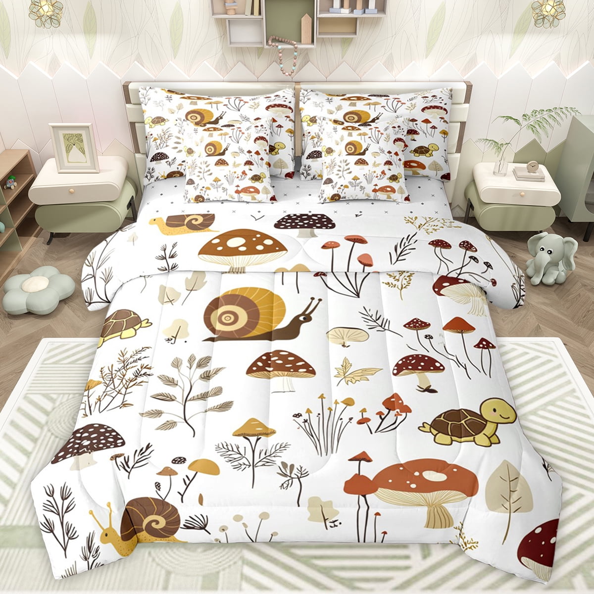 jejeloiu Kawaii Snail Turtle 7-Piece Twin Bedding Sets,Rustic Mushroom ...