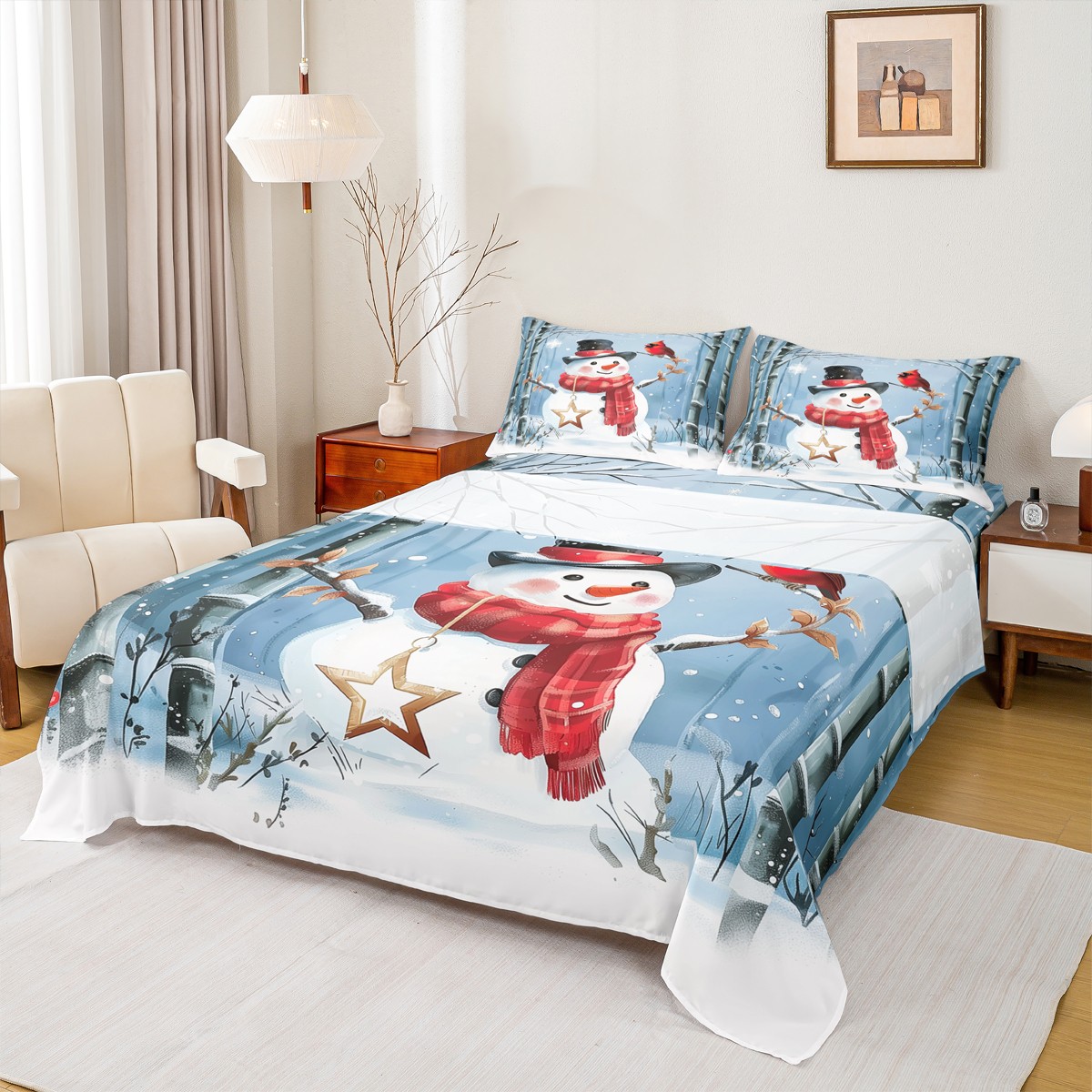 jejeloiu Kawaii Snowmen Queen Sheet Sets,Merry Christmas Flat Sheet,Red ...