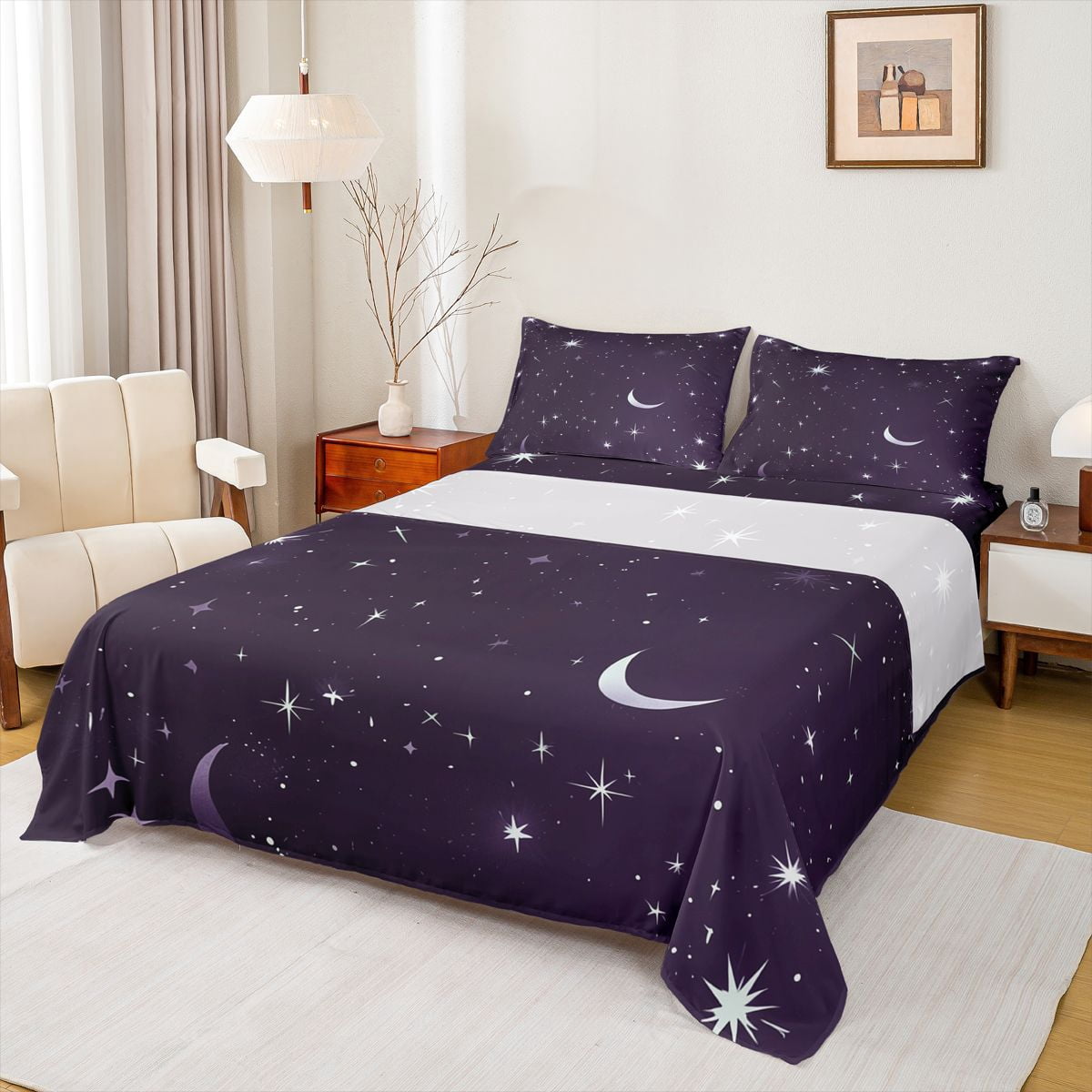 jejeloiu Kawaii Stars Print Queen Sheet Sets,Galaxy Planet Moon Flat ...
