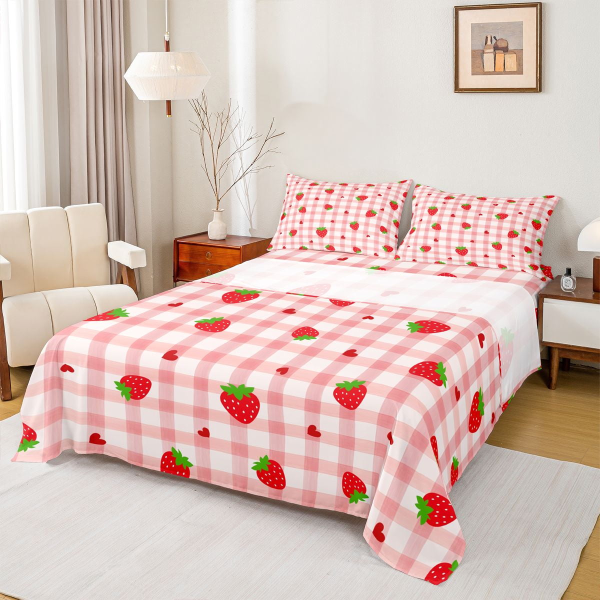 jejeloiu Kawaii Strawberry Bed Sheets,Red White Geometric Plaid King ...