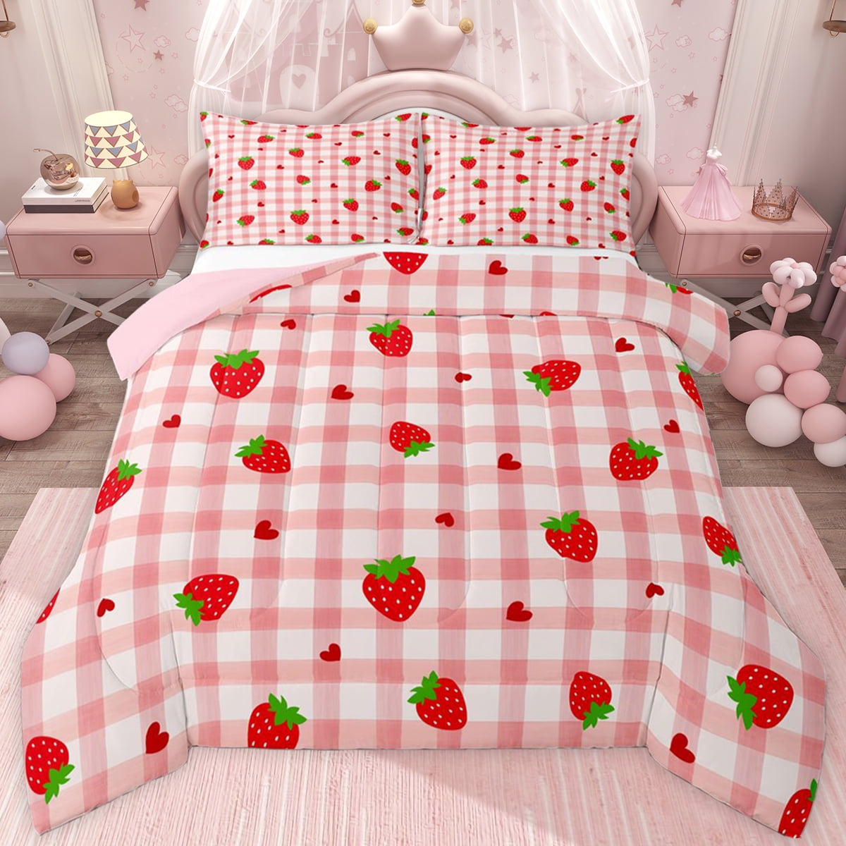 jejeloiu Kawaii Strawberry Queen Comforter Set,Red White Geometric ...