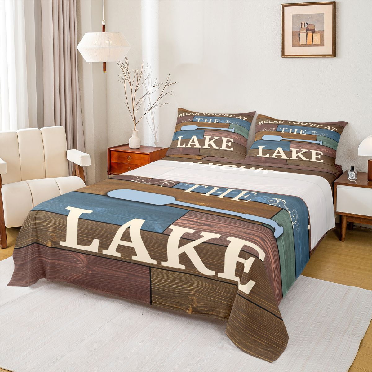 jejeloiu Lake Camping Cabin Full Size Sheets,Brown Wooden Plank Bed ...