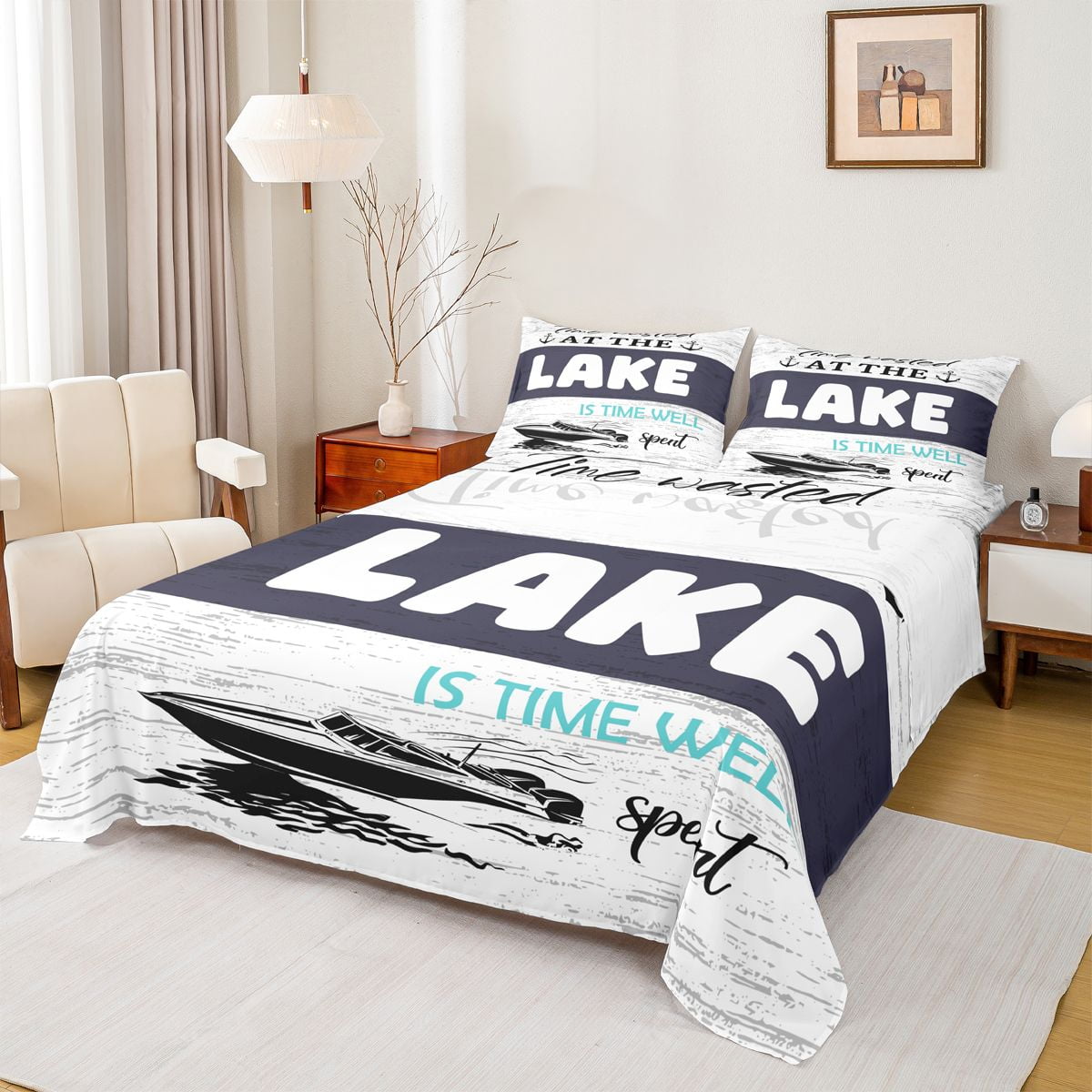 jejeloiu Lake House Life Bed Sheets,White Gray King Sheets For Boys ...