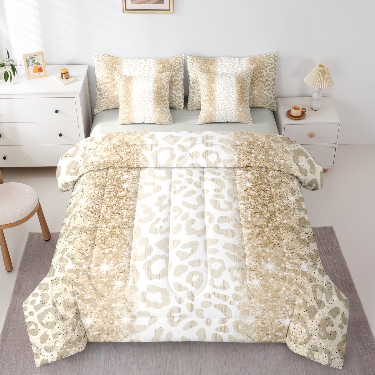 jejeloiu Leopard Cheetah 7-Piece Twin Bedding Set Gold Glitter Modern ...