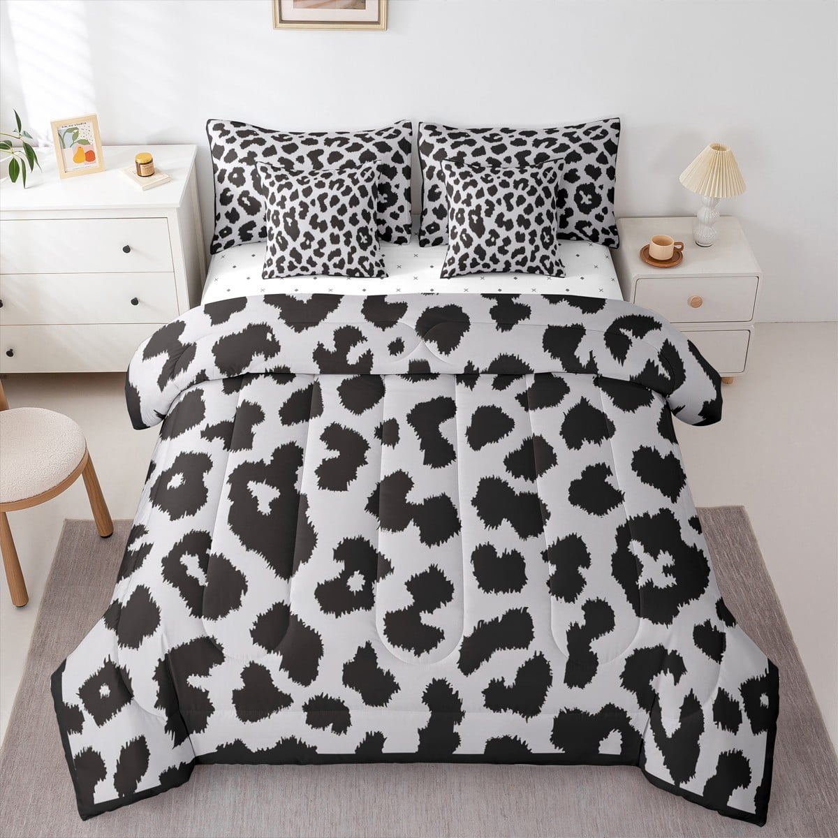 jejeloiu Leopard Print Bedding Comforter Set 7pcs,Jungle Animal Queen ...