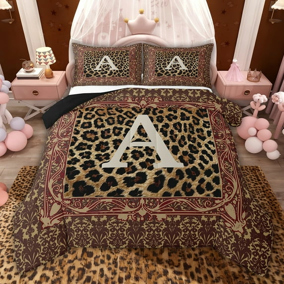 jejeloiu Letter A Monogrammed Twin Comforter Sets,Chic Leopard Print ...