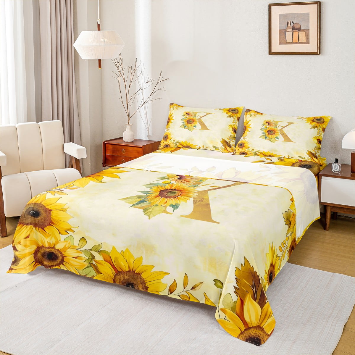 jejeloiu Letter K Monogrammed Queen Sheet Sets,Rustic Flower Print Flat ...