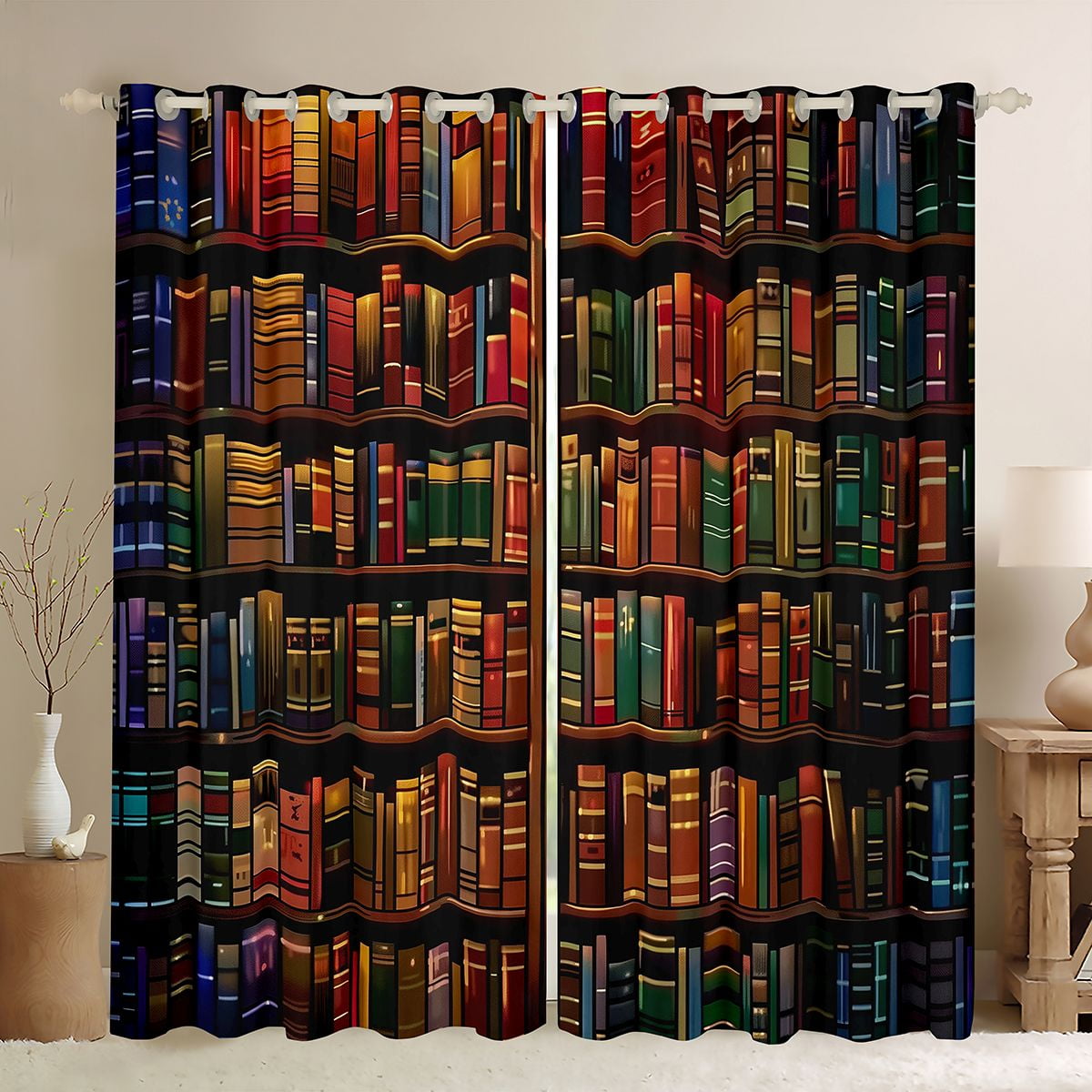 jejeloiu Library Old Books Black Out Curtains,Retro Wooden Bookshelf ...