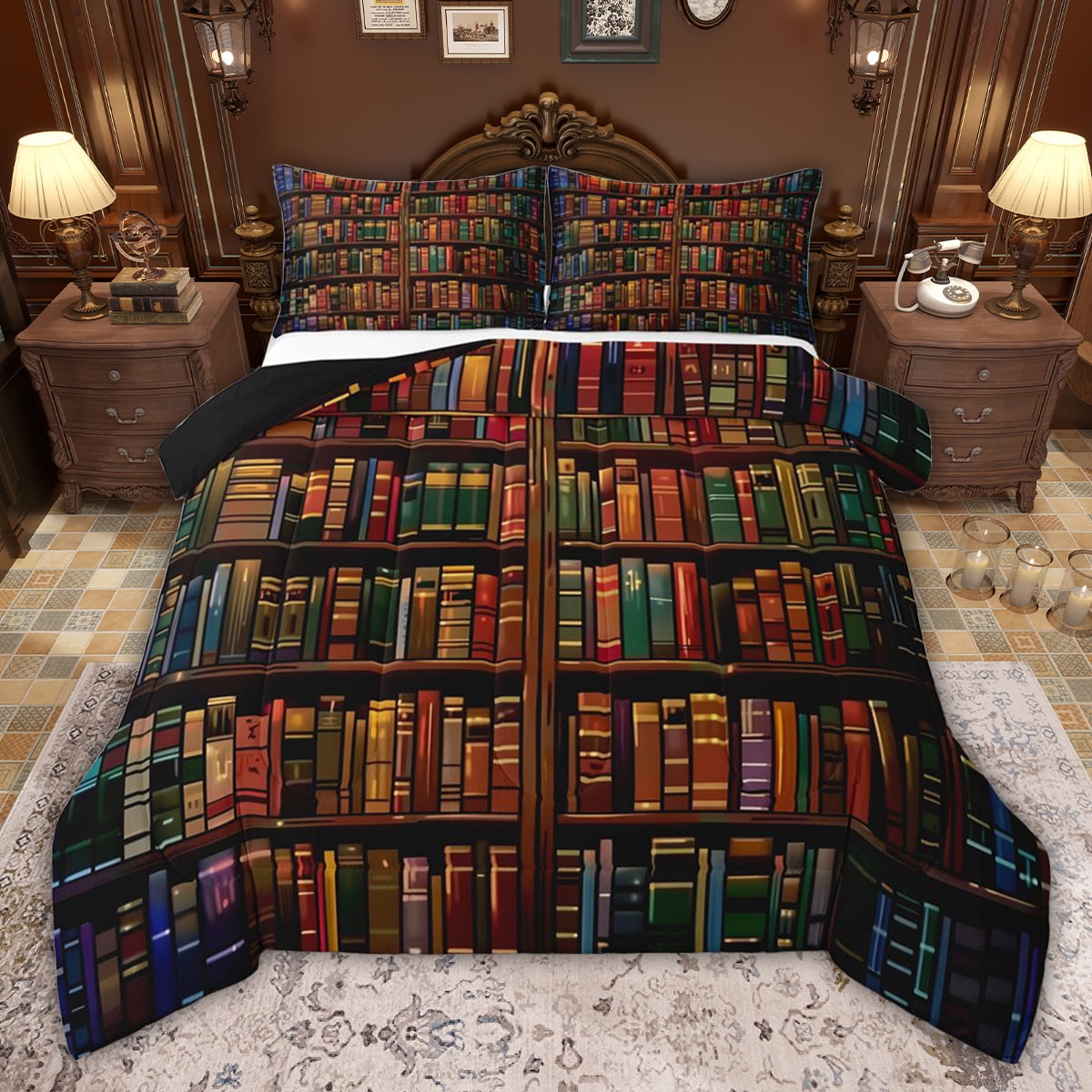 jejeloiu Library Old Books Queen Comforter Set,Retro Wooden Bookshelf ...