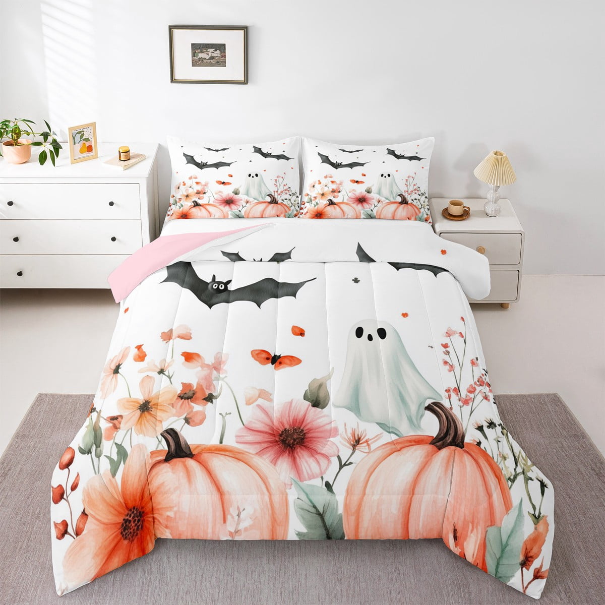 jejeloiu Lovely Halloween Ghost Bedding Comforter Set,Black Spooky Bats ...