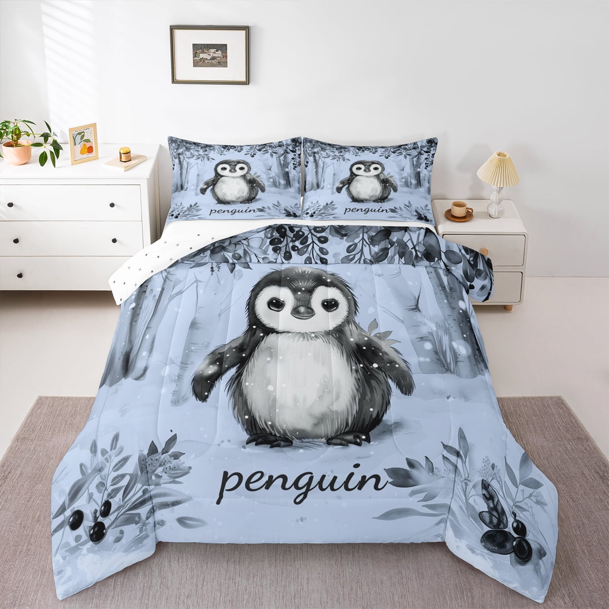 jejeloiu Lovely Penguin Queen Comforter Set,Antarctic Animal Bedding ...