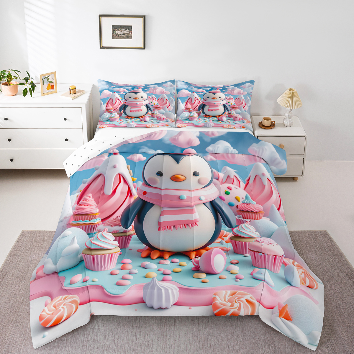 jejeloiu Lovely Penguin Queen Comforter Set,Antarctic Animal Bedding ...