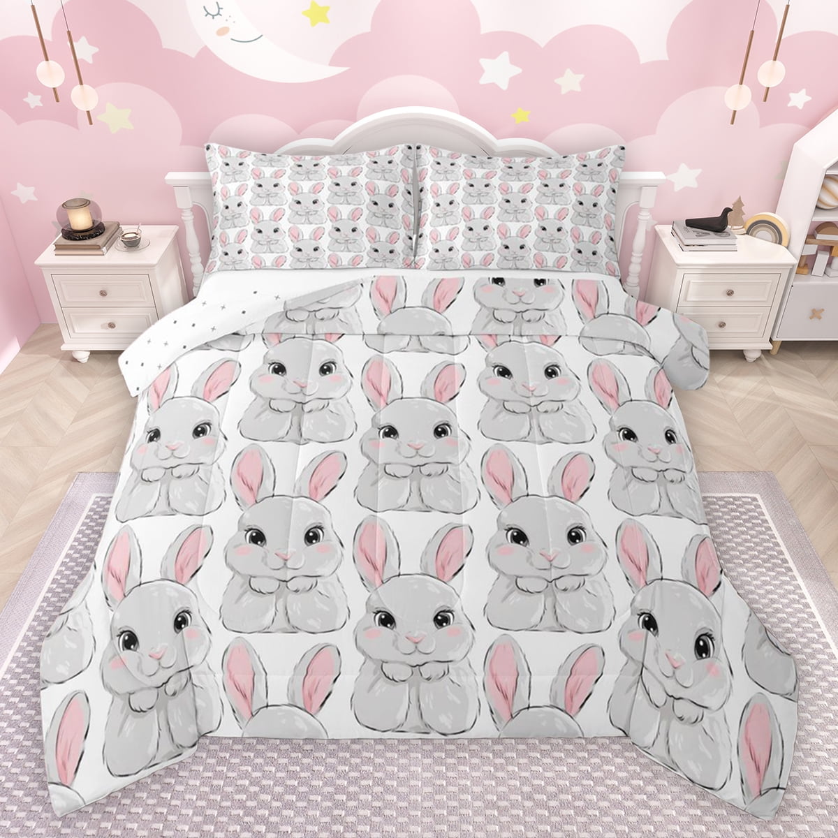 jejeloiu Lovely Rabbit Queen Comforter Set,Cartoon Cute Rabbit Bedding ...