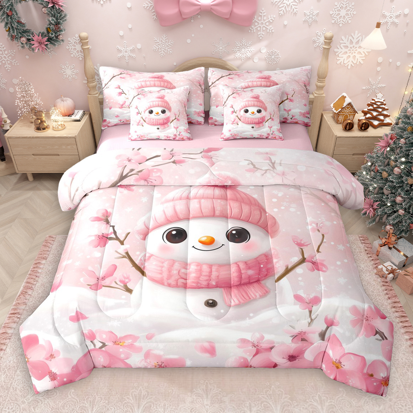 jejeloiu Lovely Snowman 7pcs Bedding Comforter Set,Happy New Year Queen ...