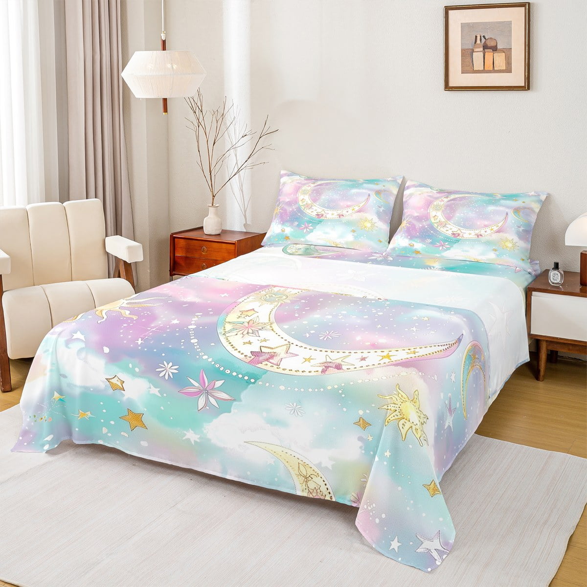 jejeloiu Magic Boho Moon Twin Sheet Sets,Watercolor Splashing Ink Twin ...