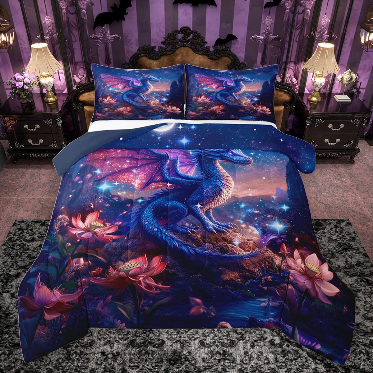 jejeloiu Magic Cartoon Dragon Full Size Comforter Sets,Pink Lotus ...