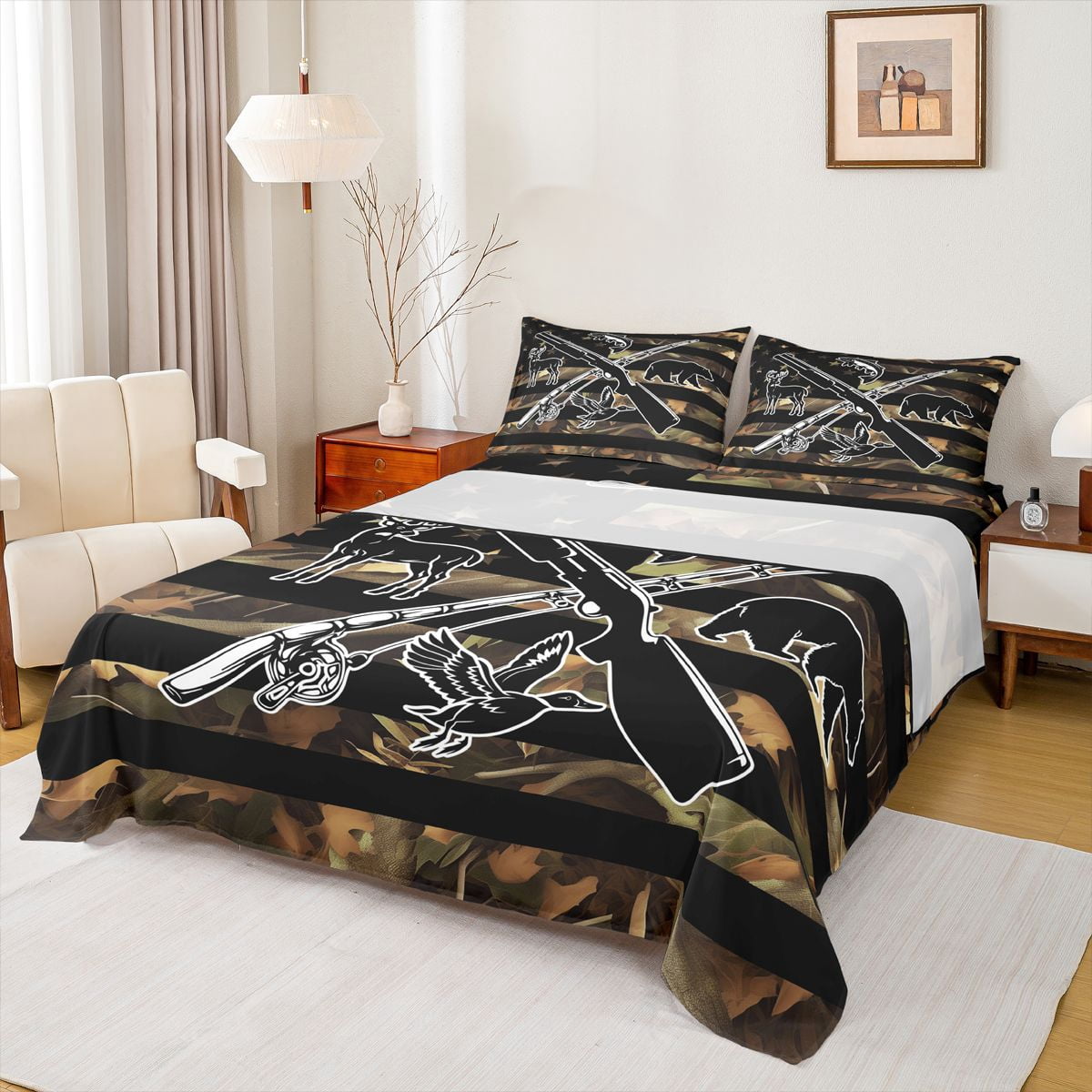 jejeloiu Mallard Deer Bear Full Size Sheets,Rustic Autumn Leaves Bed ...