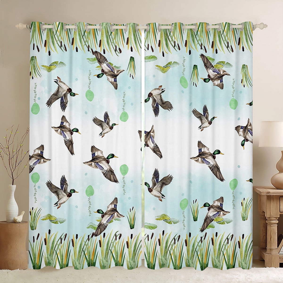 jejeloiu Mallard Duck Curtains and Drapes, Natural Lake Scenery Black ...