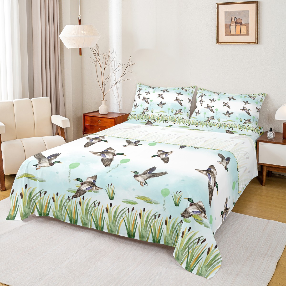jejeloiu Mallard Duck Full Size Sheets, Natural Lake Scenery Bed Sheets ...