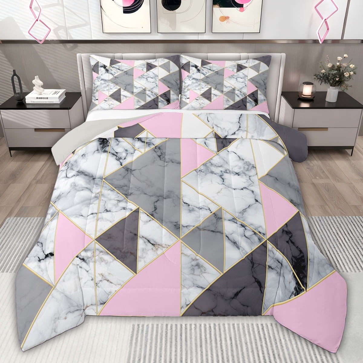 jejeloiu Marble Texture Road Queen Comforter Set,Modern Geometric ...