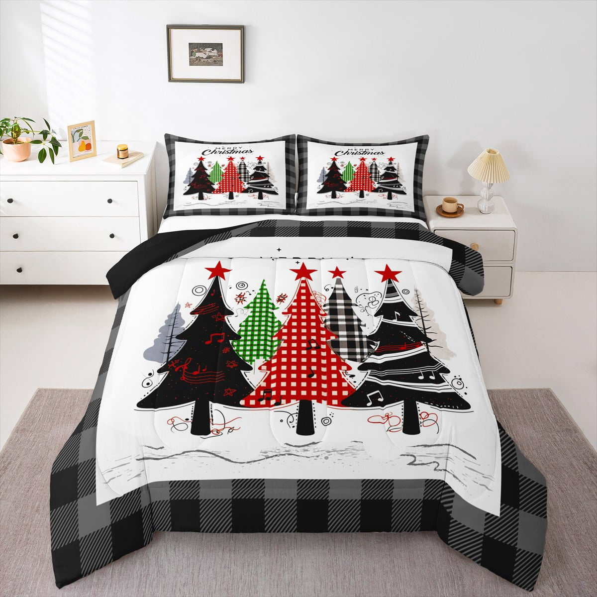 jejeloiu Marry Christmas Bedding Comforter Set,Gray Xmas Pine Twin ...