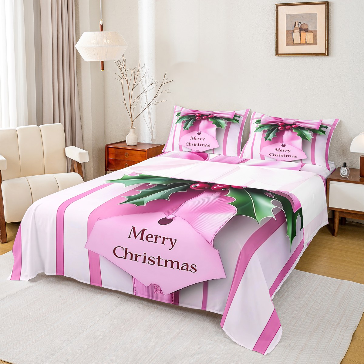 jejeloiu Merry Christmas Queen Sheet Set,Red Fruit Pink Stripes ...